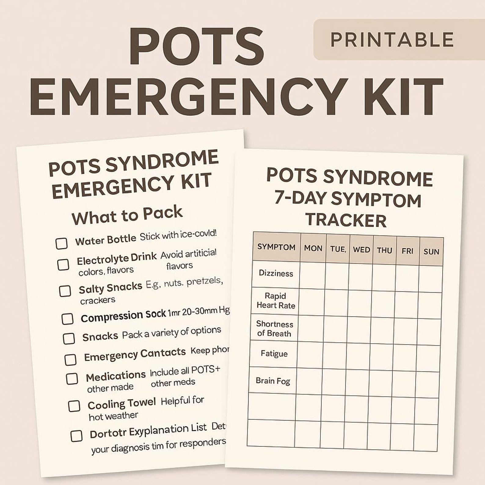 POTS Symptom Tracker and Support Kit – Printable Hydration Log, Trigger ...