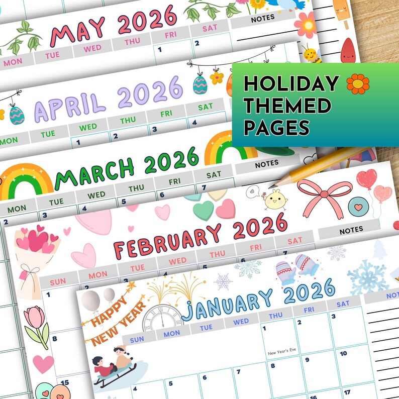 2026 Printable Kids Calendar, Monthly Themes (PDF) - Etsy