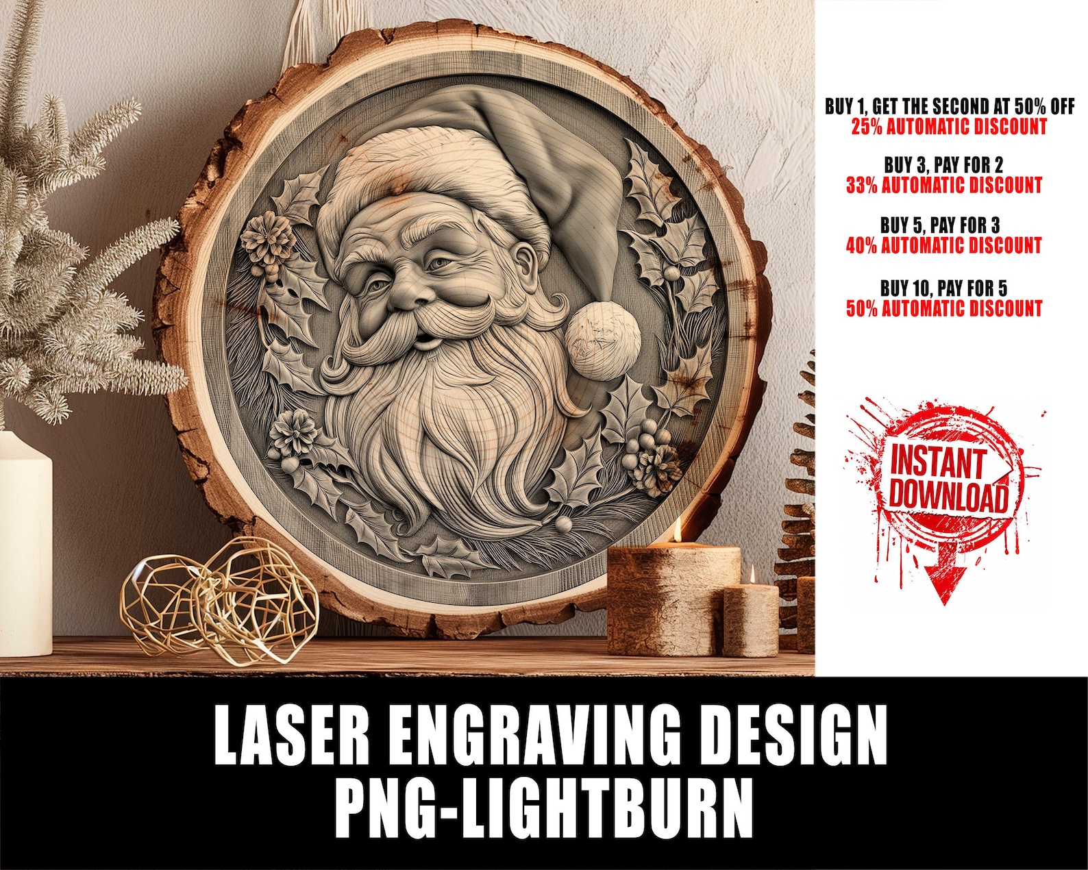 Santa Laser Engraving Design – Christmas 3D Illusion (PNG & Lightburn ...