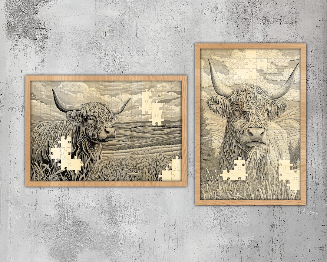 Laser Engraved PNG Highland Cow Puzzles | 135-piece Jigsaw - Ready Cut ...