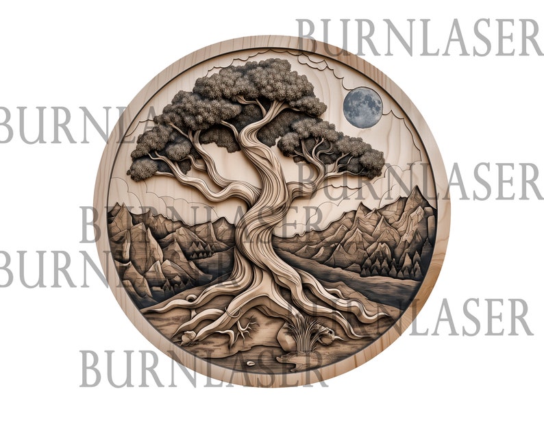 Tree and Mountains Laser Engraving Design | Circular Wood Sign (PNG ...