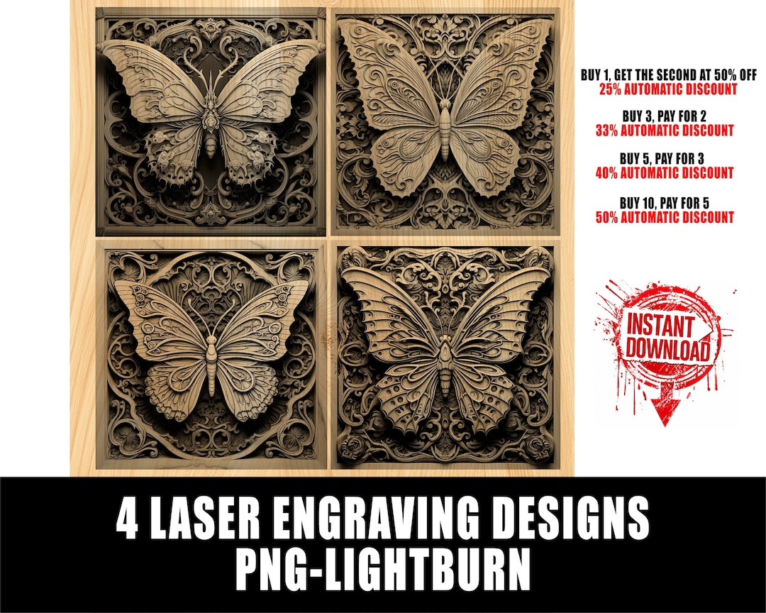 Bundle X4 Laser Engraving PNG | Butterfly | 3D Illusion | Engraved ...