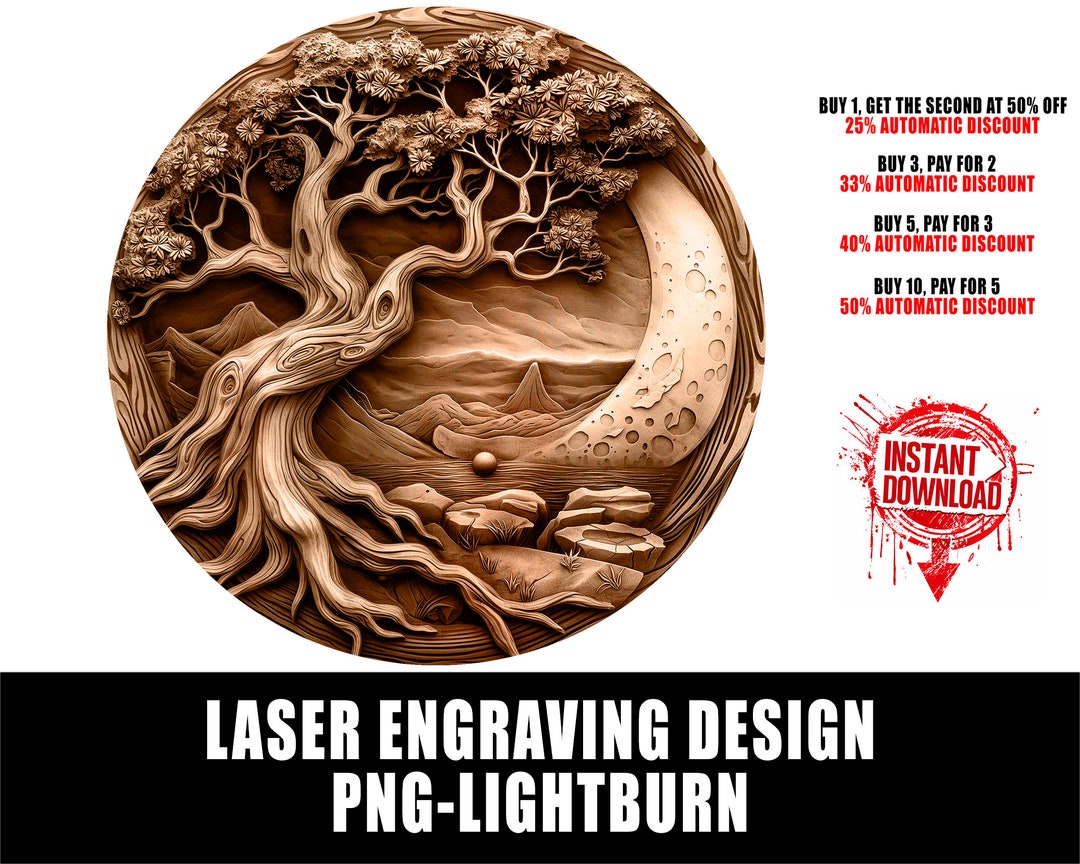 Laser Engraved PNG Circular Sign Design With Tree and Moon Downloadable ...
