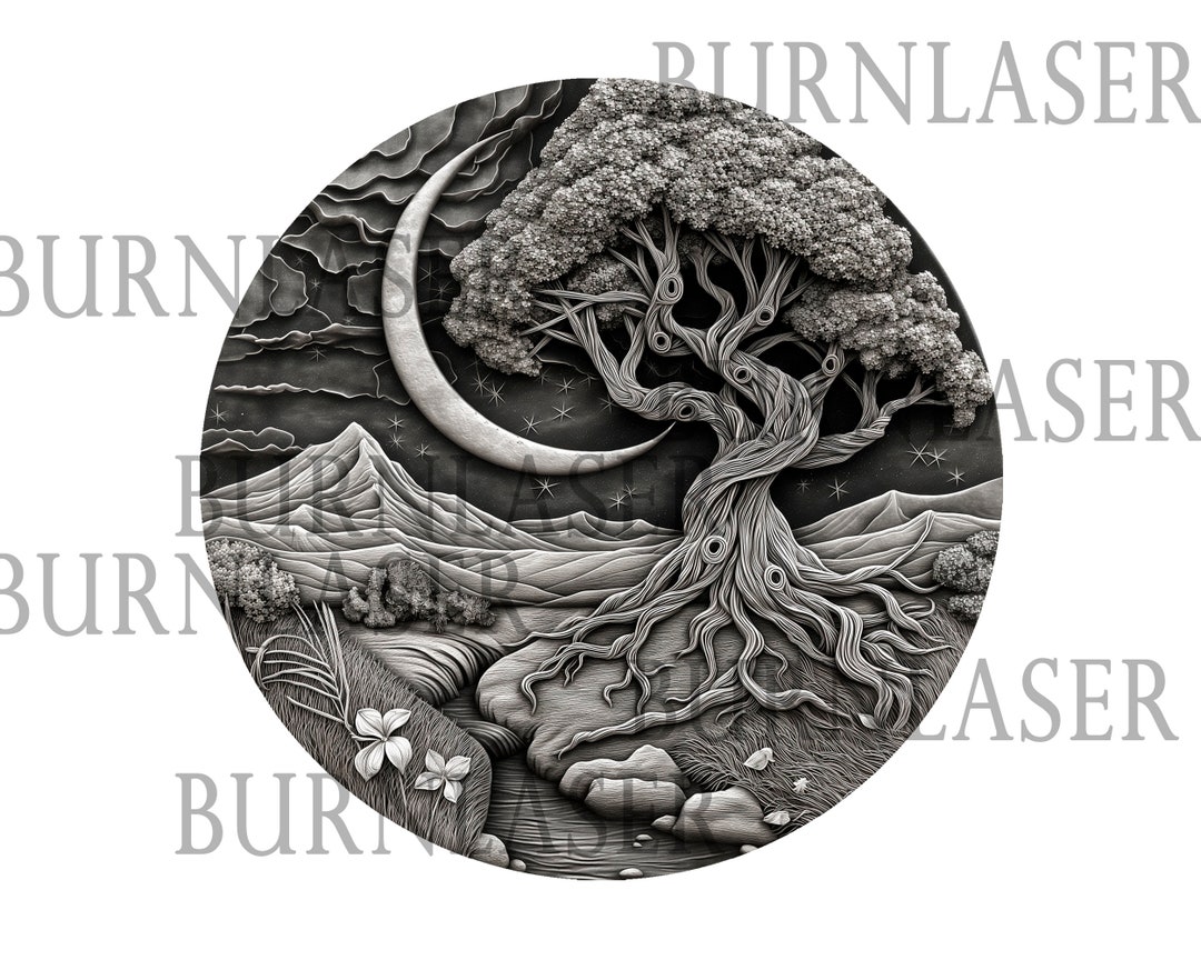 Laser Engraving Tree With Moon PNG | 3D Illusion, Wall Art ...
