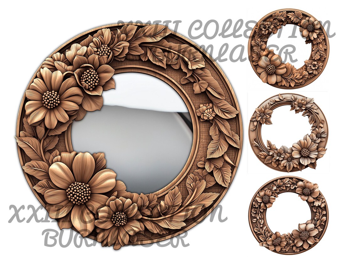 Floral Mirror Frame Laser Engraving Design, Wood Decor (PNG, Lightburn ...