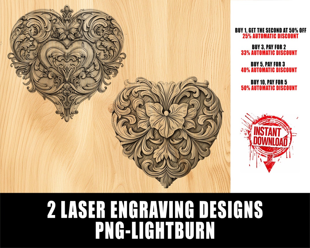 2 Ornamental Hearts Laser Engraving PNG | Engraved Wood Laser Gift ...