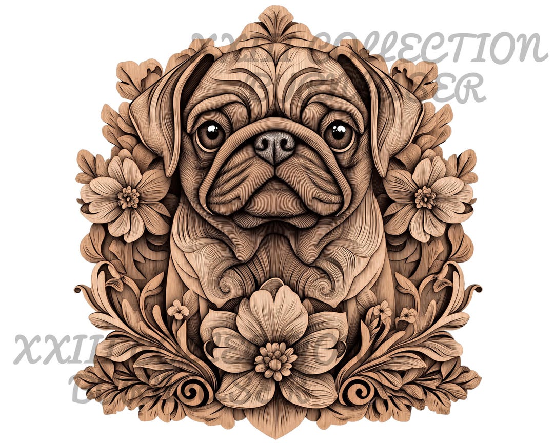 3D Illusion Pug Laser Engraving File: Floral Dog Art (PNG, Lightburn ...