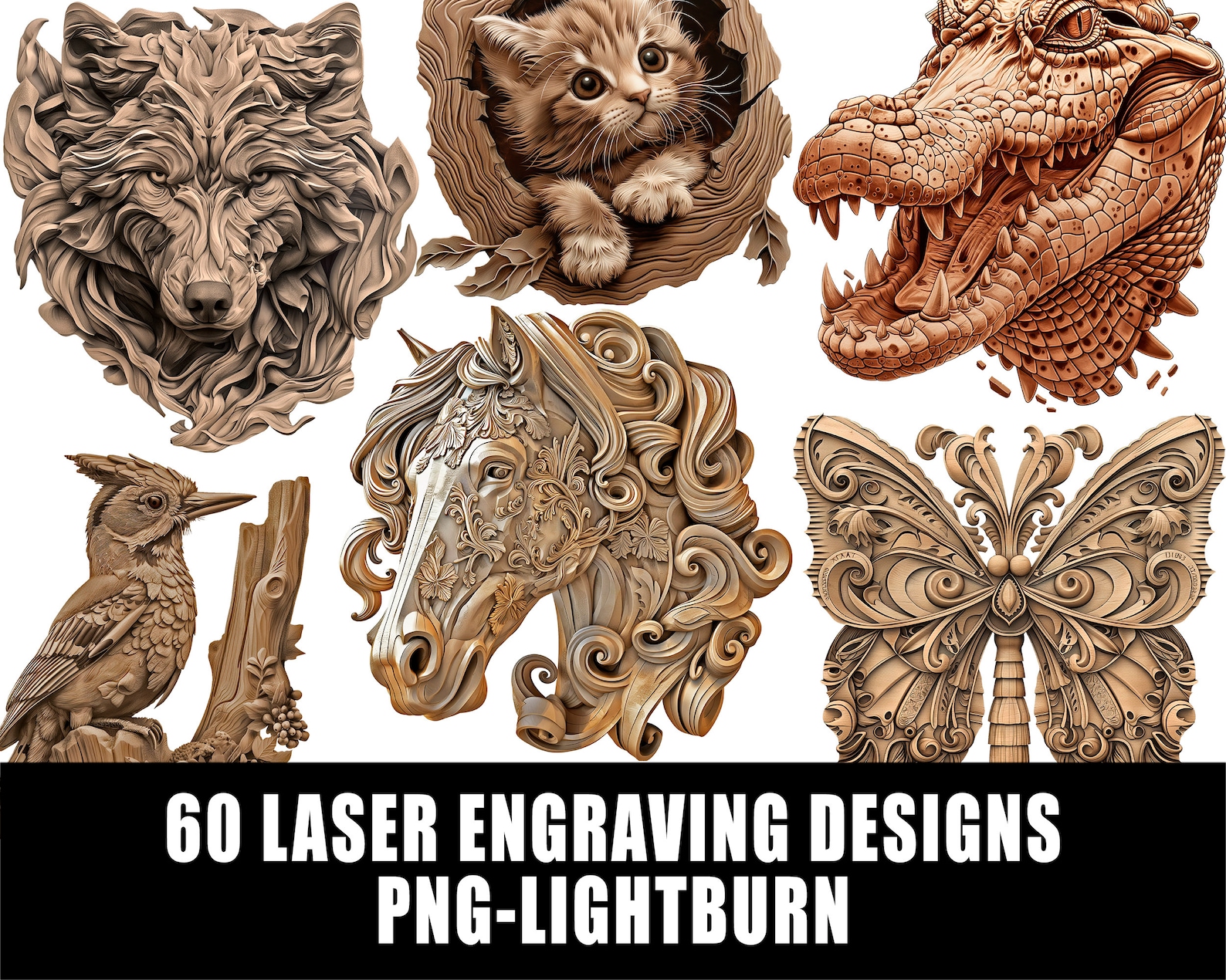 60 Laser Engraved Animal Designs | 3D Illusion PNG (laser Ready) - Etsy