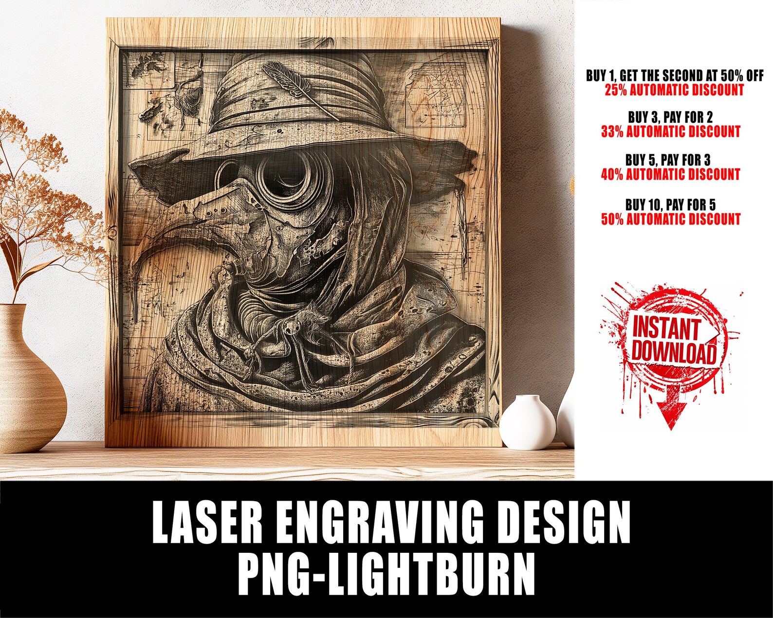 Plague Doctor Laser Engraving File – 3D Illusion, Wall Art (PNG ...