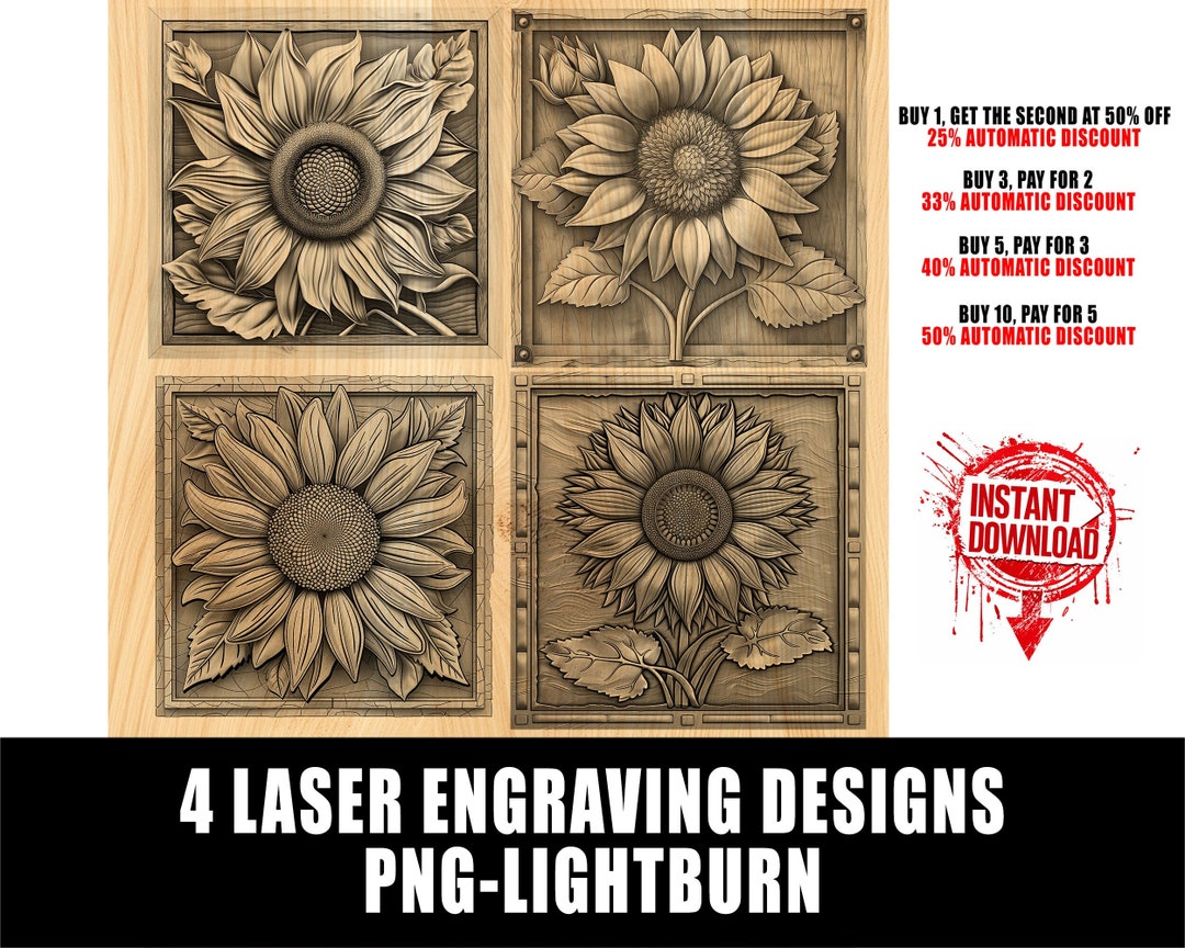 Bundle X4 Sunflower Laser Engraving PNG | Engraved Wood Laser Gift ...