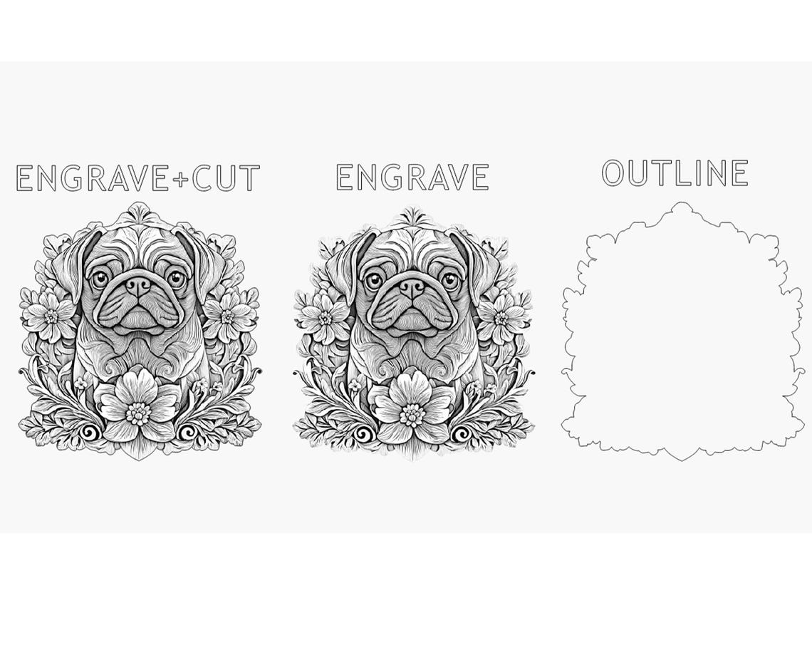3D Illusion Pug Laser Engraving File: Floral Dog Art (PNG, Lightburn ...