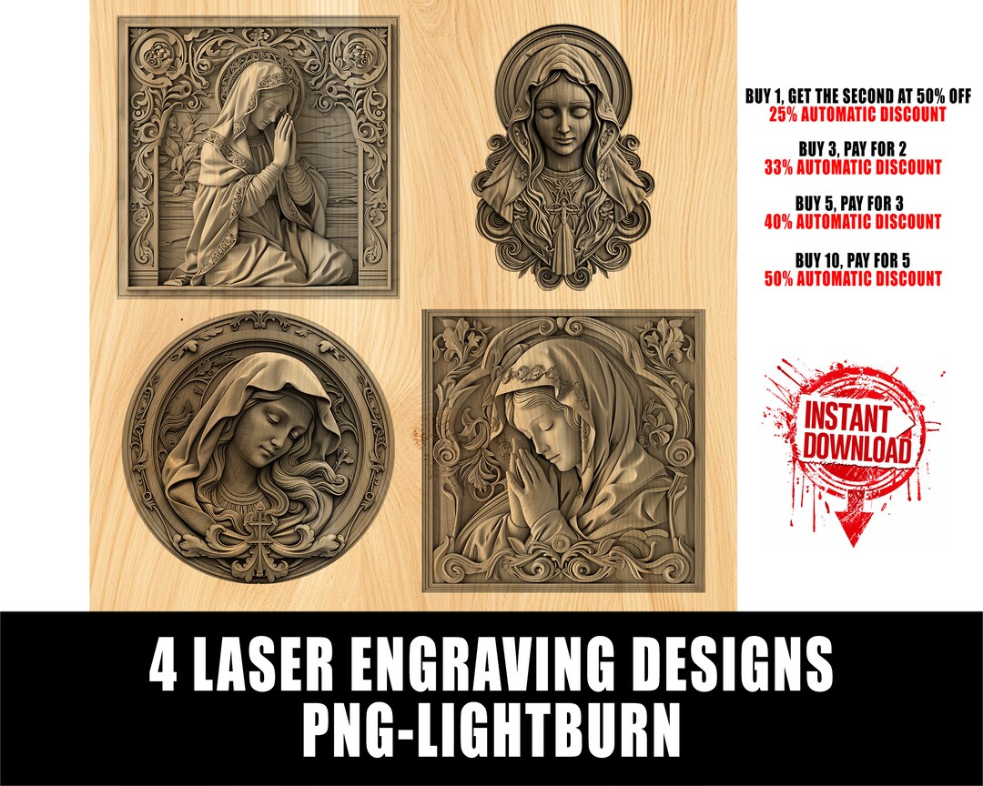 Bundle X4 Virgin Mary PNG Laser Engraved File Artful Wall Art 3D ...