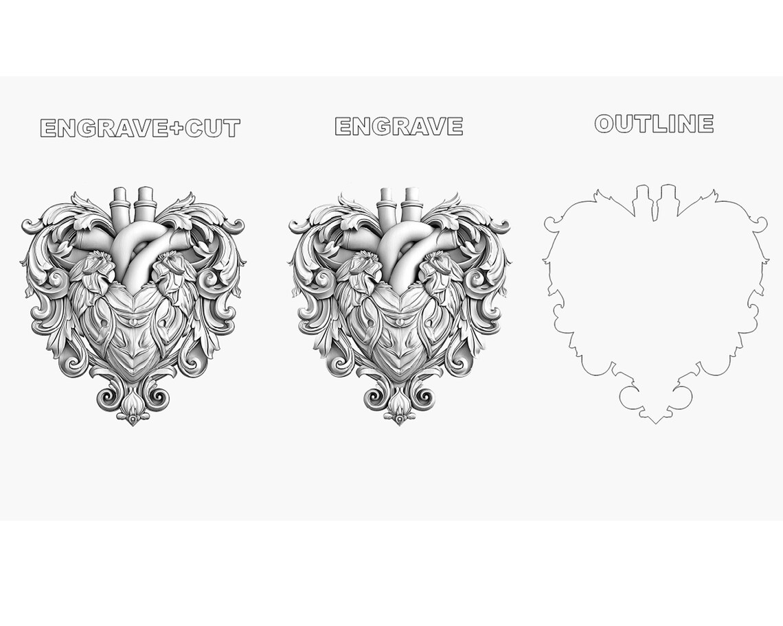 3D Ornamental Heart Laser Engraving Design: Lightburn, Xtool, Glowforge ...