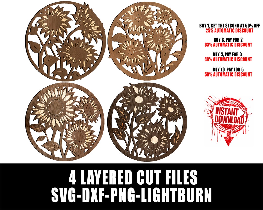Bundle Layered Cut Files - Sunflower | SVG - DXF - PNG - Lightburn ...