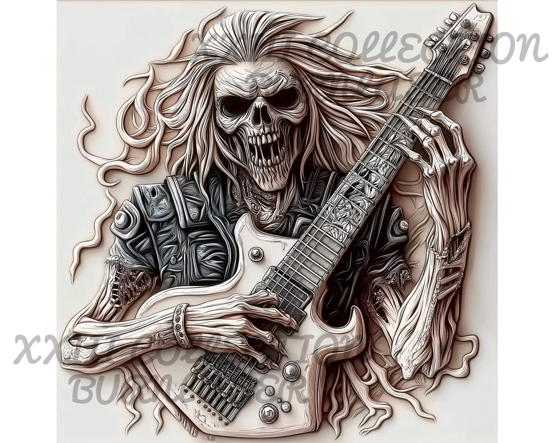 3D Heavy Metal Skeleton Guitar Laser Engraving Design (PNG, Lightburn ...