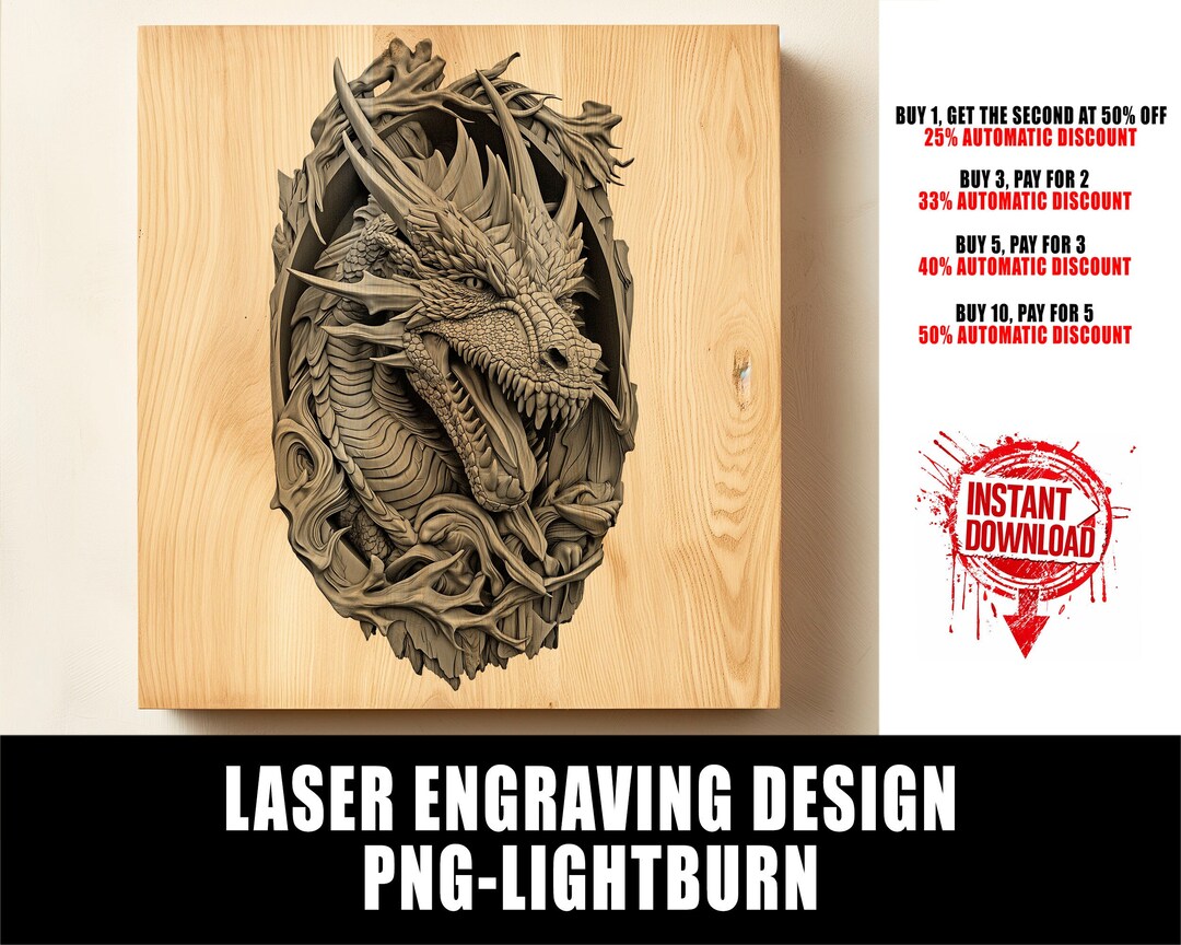 Laser Engraved Dragon PNG | 3D Illusion | Lightburn File Ready | Artful ...