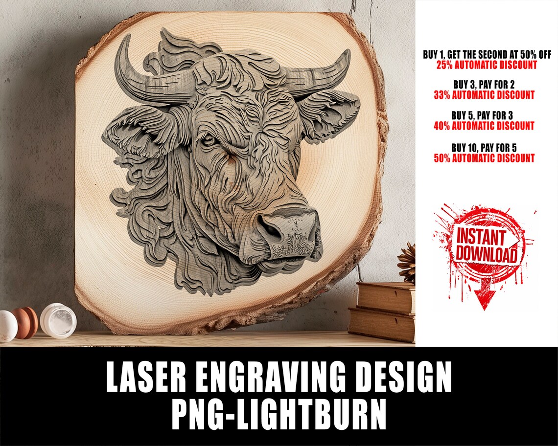3D Laser Engraving File Illusion - Bull | PNG and Lightburn File ...