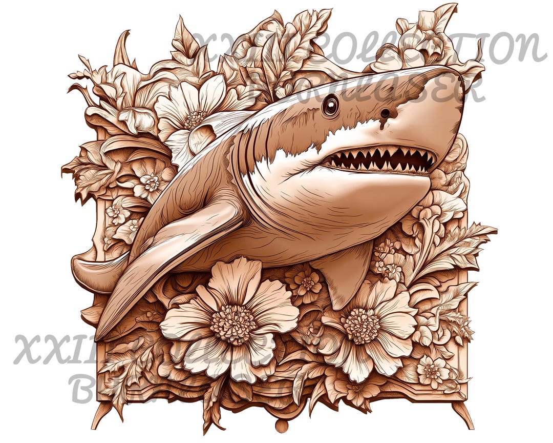 Laser Engraving PNG File: 3D Illusion Ornamental Shark With Flowers ...