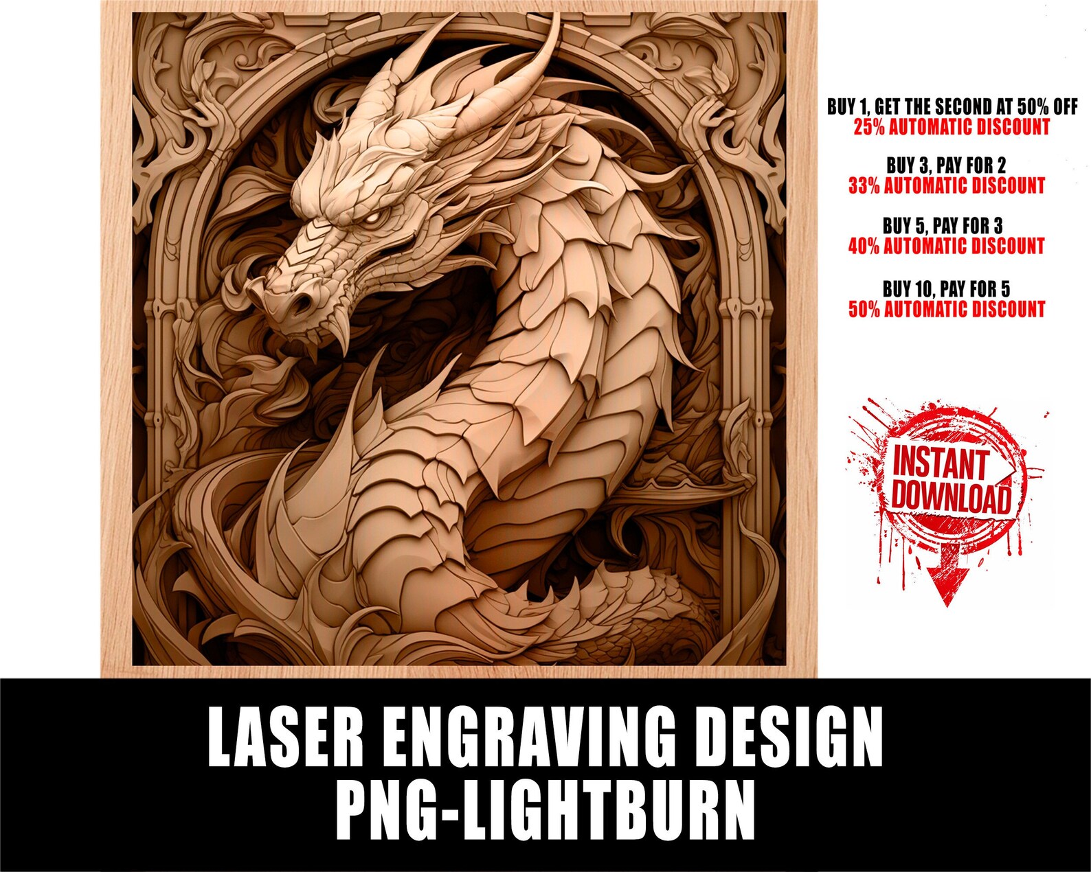 Dragon Laser Engraving Design – 3D Illusion Wall Art (PNG & Lightburn ...