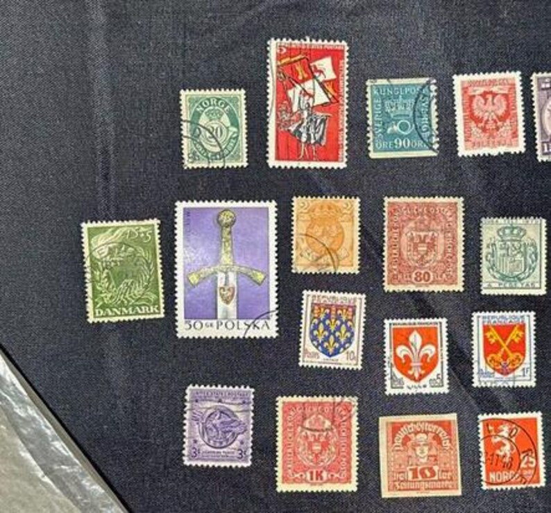 25 Vintage Canceled International Postage Stamps Featuring Crests and ...