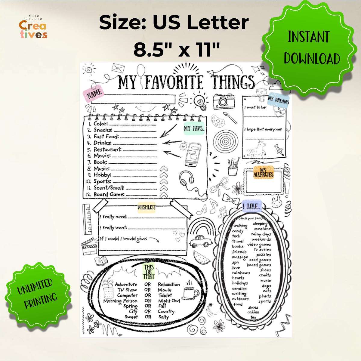 My Favorite Things All About Me Doodles List Form Wishlist ...