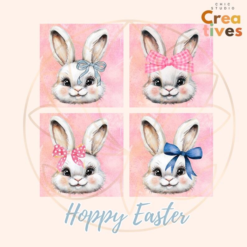 Hoppy Easter Bunnies With Bows PNG Bundle PNG Easter Coquette Floral ...