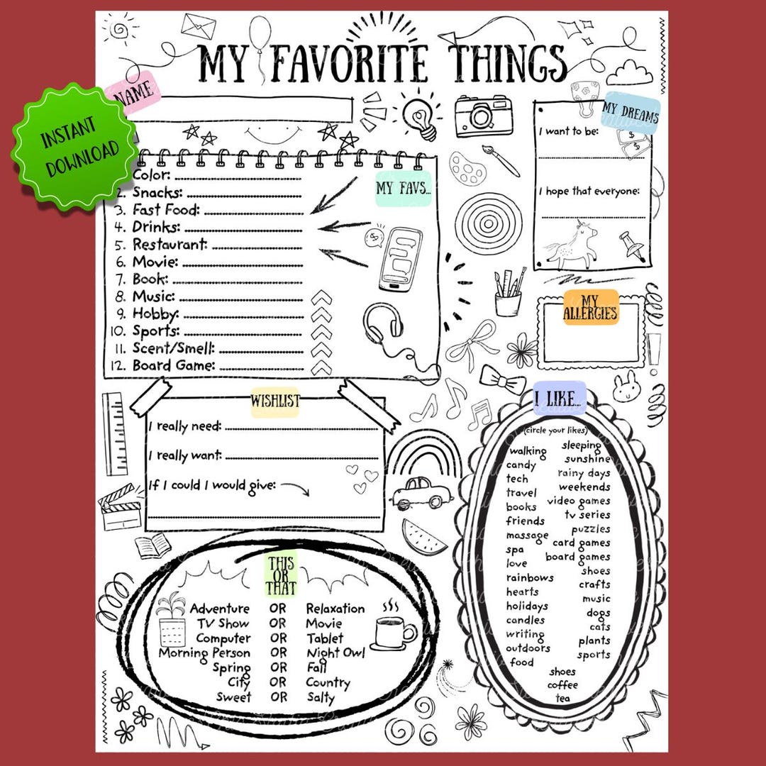 My Favorite Things All About Me Doodles List Form Wishlist ...