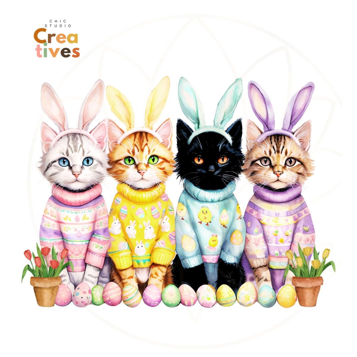 Happy Easter Cats and Kittens in Easter Sweaters Dressed as Bunnies ...