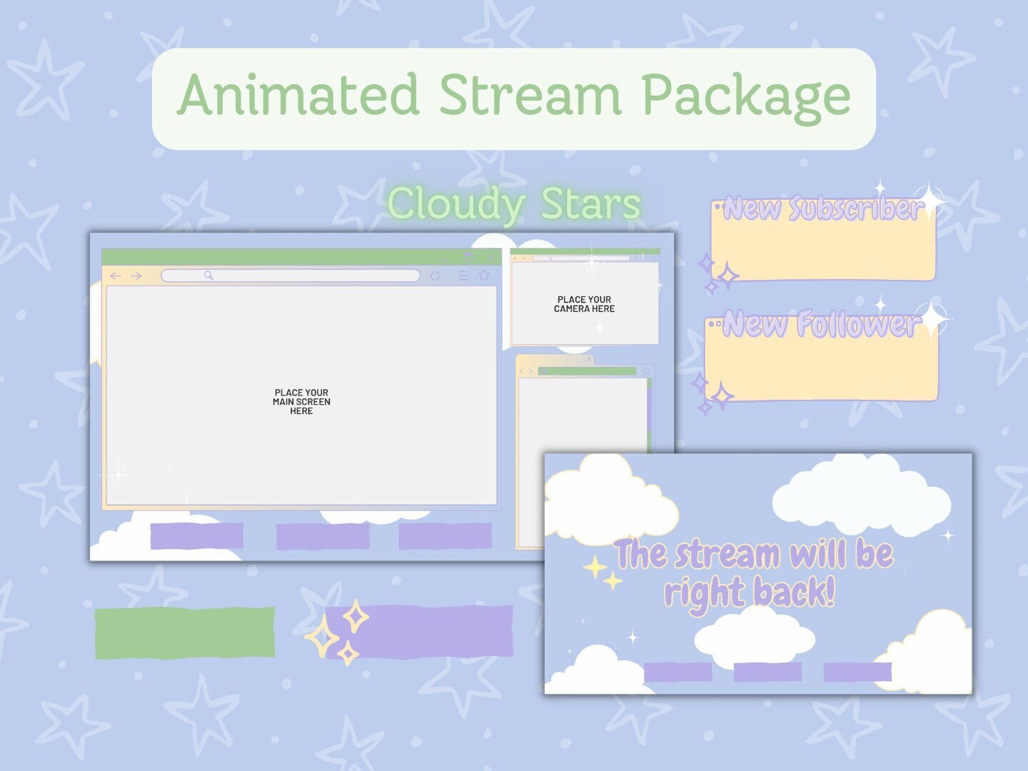 Animated Cute Stream Overlay for Twitch | Cloud Overlay Stream Package ...
