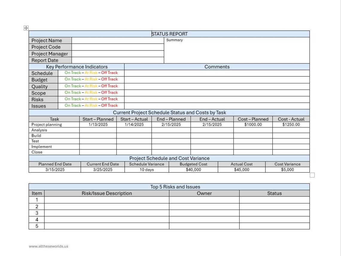 One Page Project Status Report for Business Executives, Managers ...