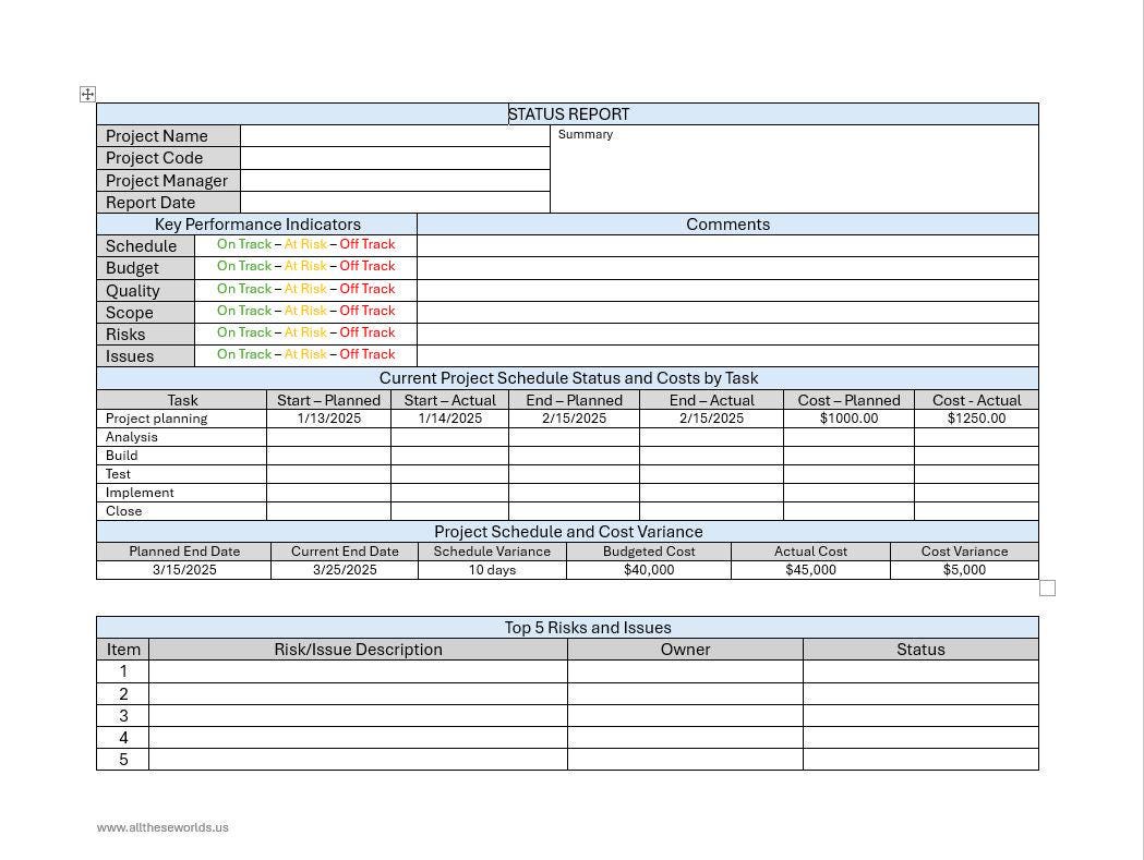 One Page Project Status Report for Business Executives, Managers ...
