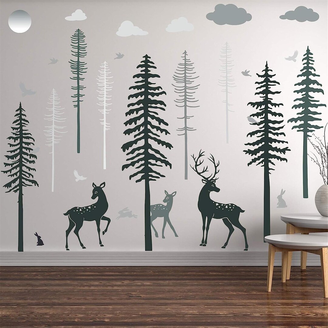 Forest Deer Pine Trees Wall Decal Woodland Vinyl Wall - Etsy