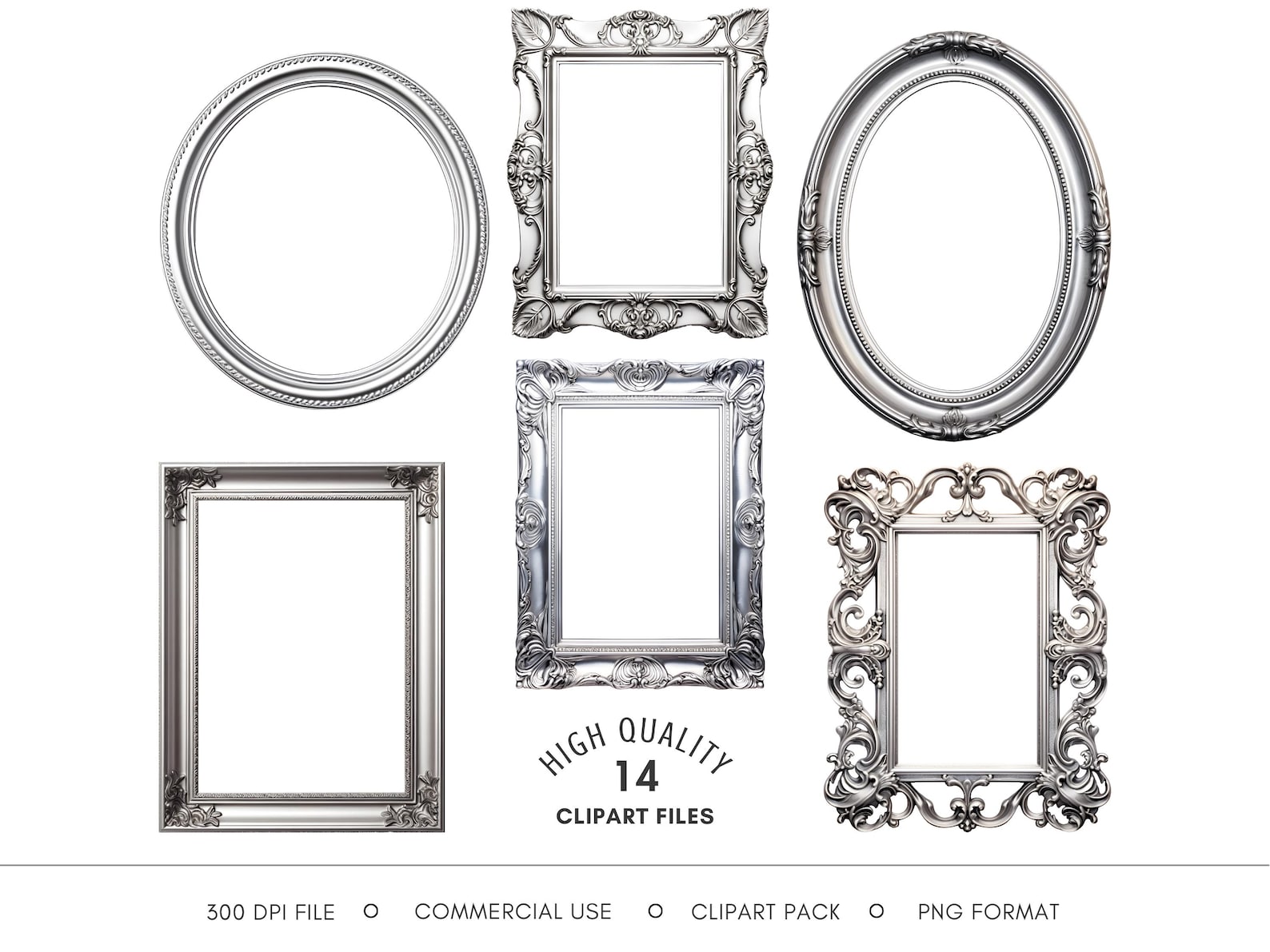 Silver Frame Clipart - Vintage Frames PNG, Rectangular & Oval Digital ...