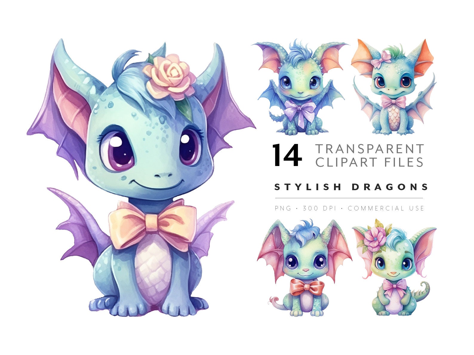 Watercolor Pastel Dragon Clipart Fantasy PNG Instant - Etsy