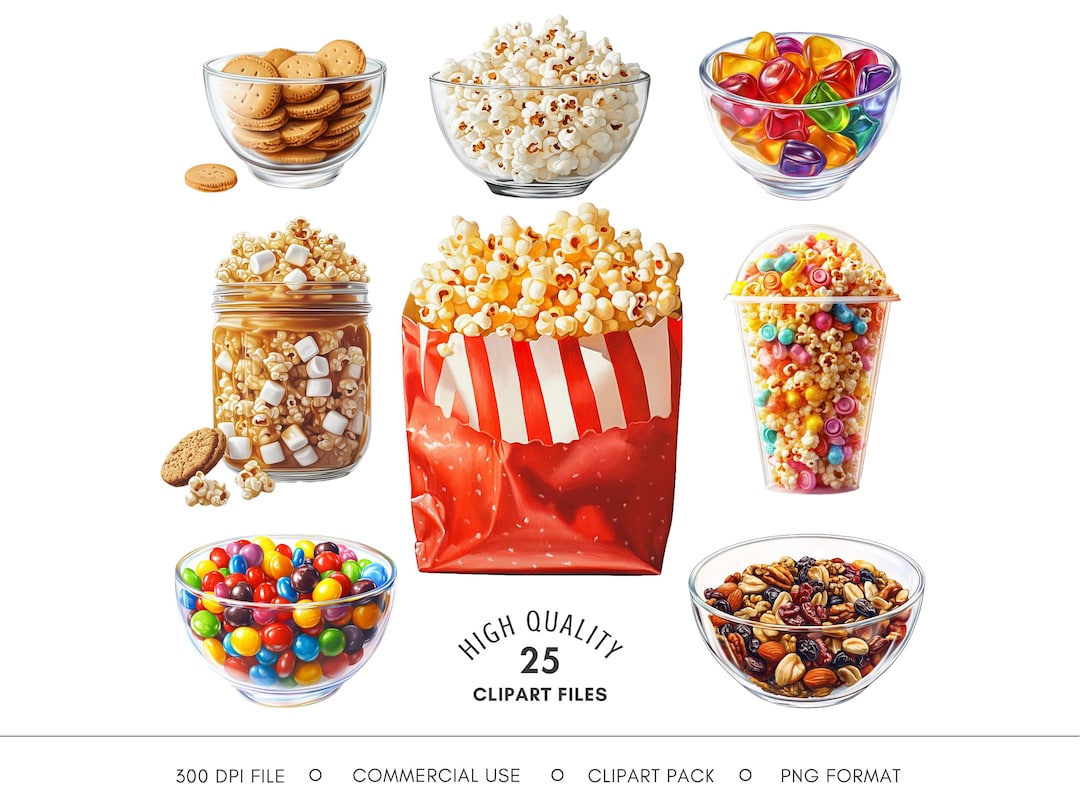 Popcorn Clipart, Movie Night Snacks PNG Files, Food Clip Art & Home ...