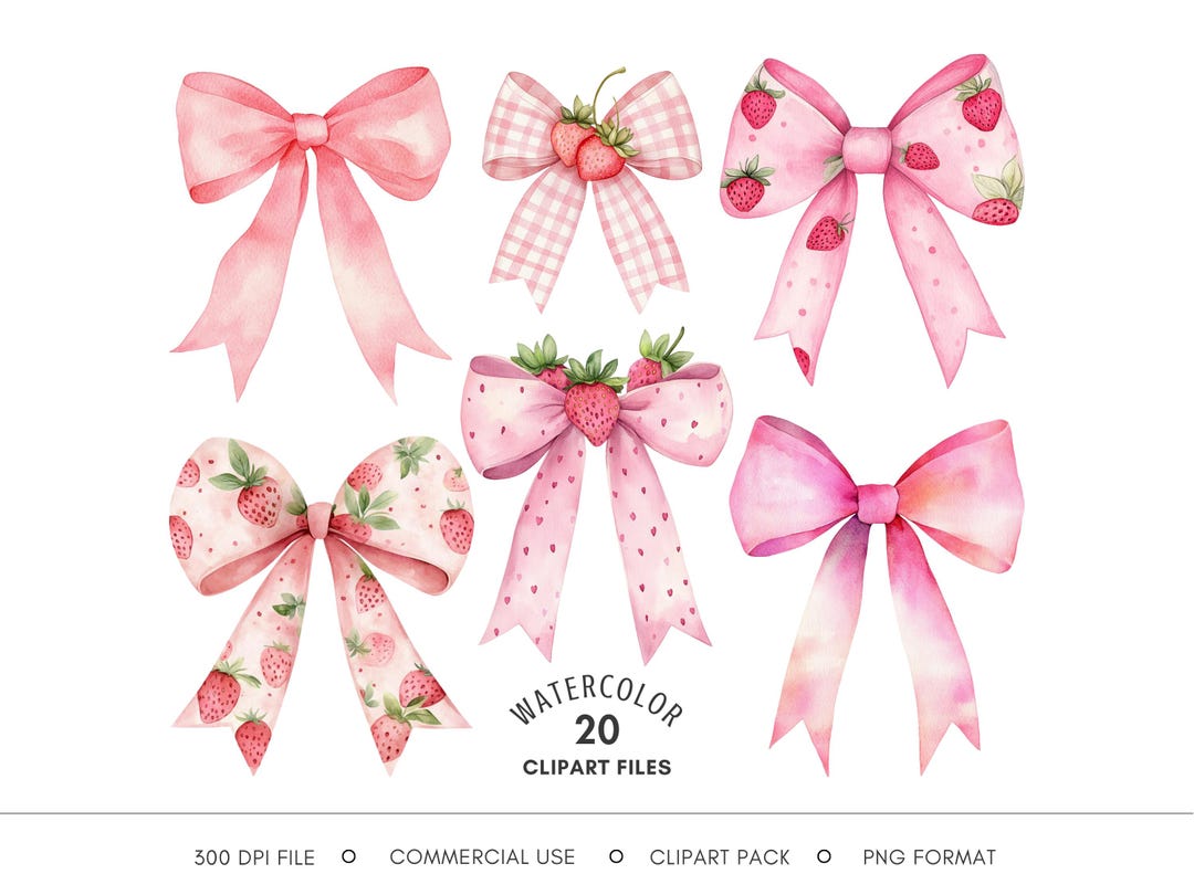 Pink Coquette Bow Clipart, Cute Strawberry Ribbon PNG, Digital Download ...