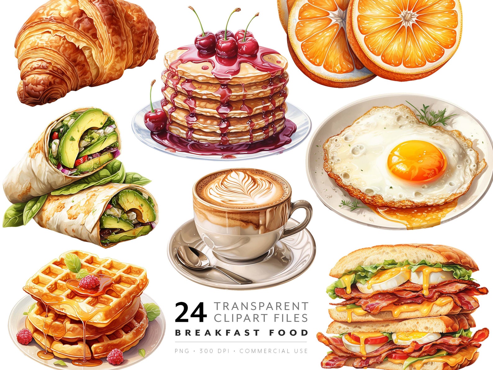 Watercolor Breakfast Clipart Bundle - Breakfast PNG Food Illustration ...