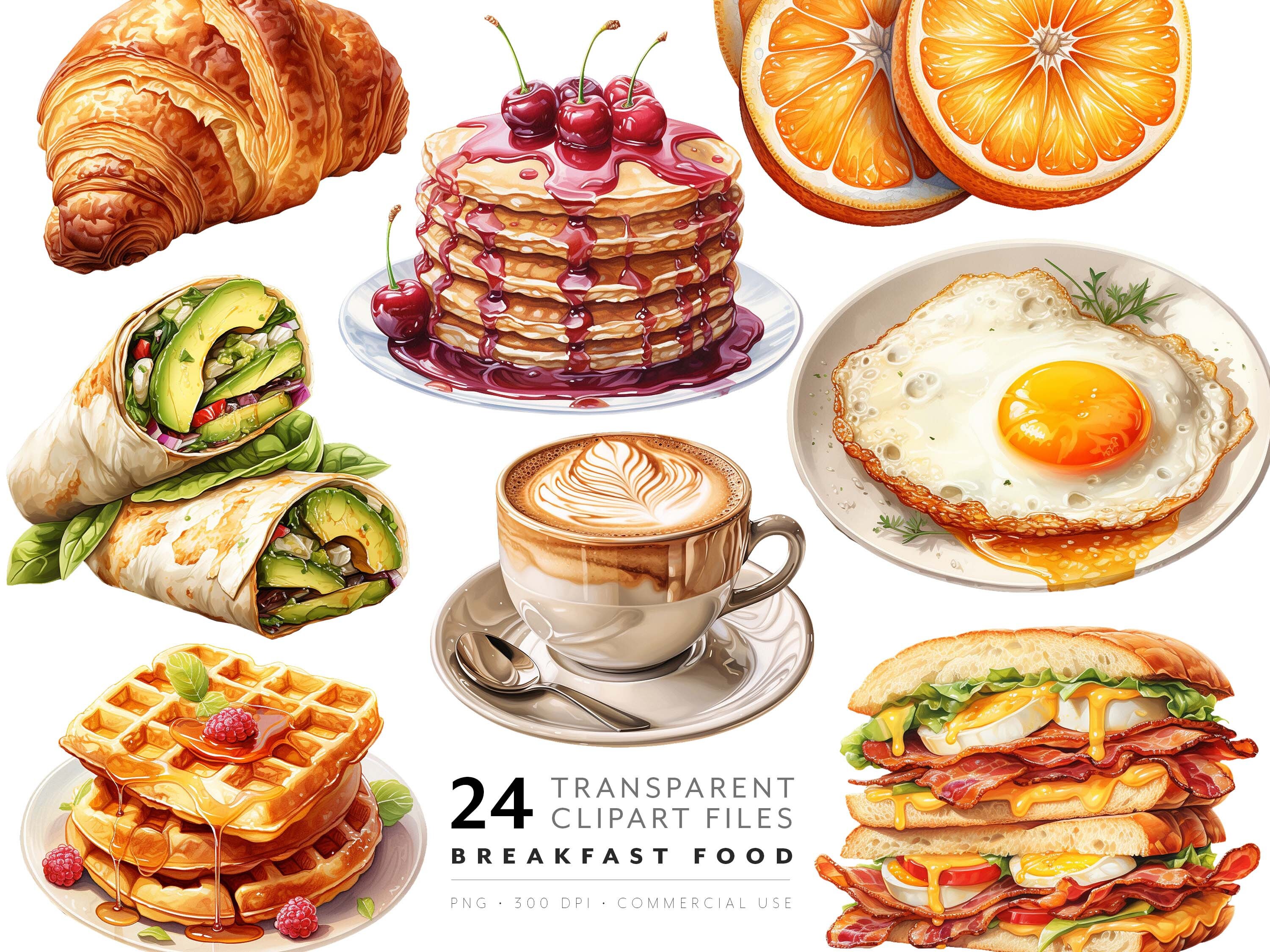 Watercolor Breakfast Clipart Bundle - Breakfast PNG Food Illustration ...