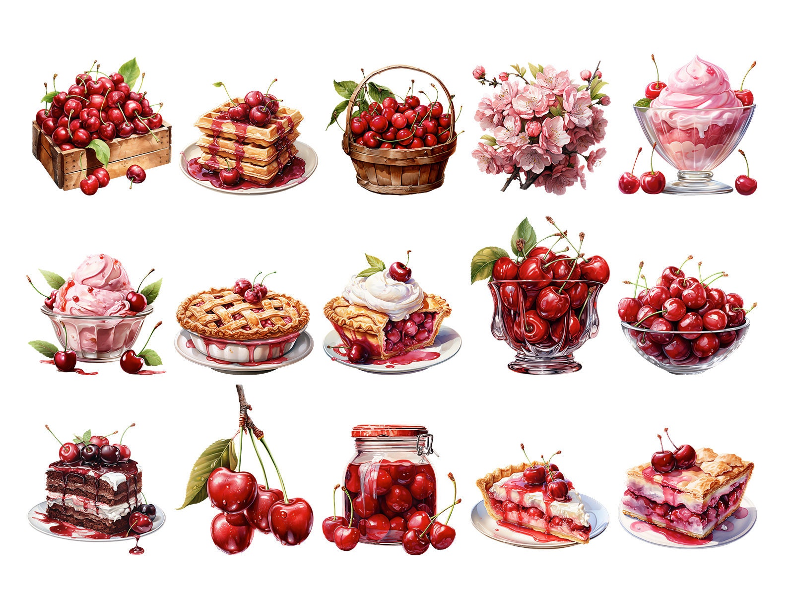 Watercolor Cherry Clipart Fruit Dessert Pie Waffles PNG, Printable File ...