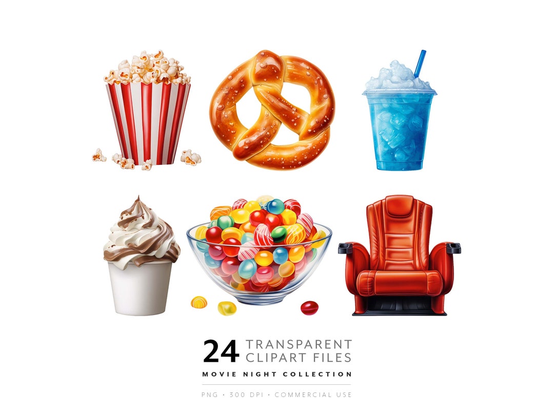 Movie Night Clipart, Cinema Snacks PNG Files, Sweet Treats & Popcorn ...