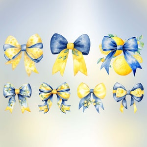 Watercolor Blue Bow Clipart Yellow Ribbon PNG Lemon Coquette Clip Art ...