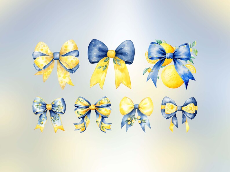Watercolor Blue Bow Clipart Yellow Ribbon PNG Lemon Coquette Clip Art ...