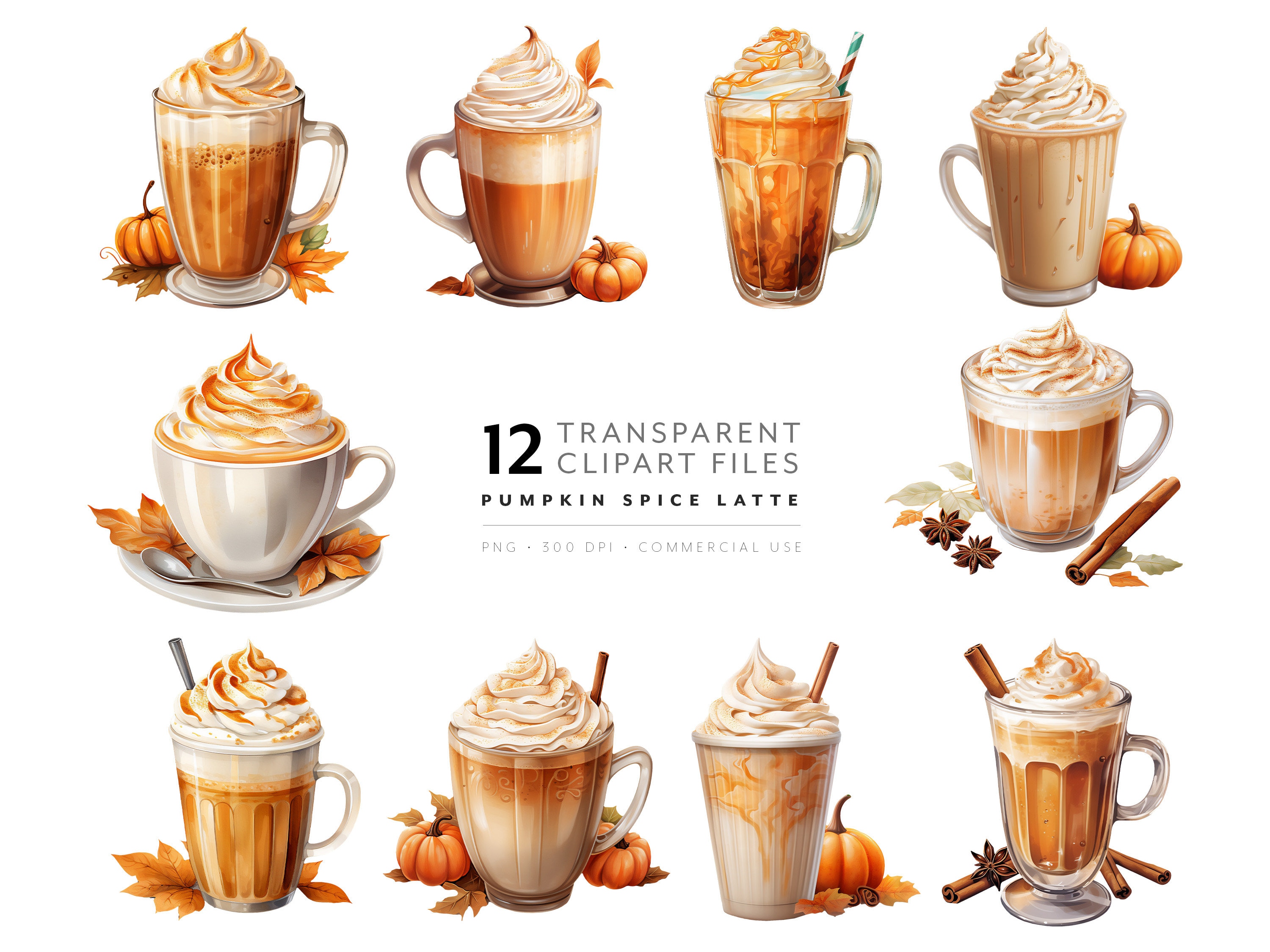 Pumpkin Spice Latte Clipart: Watercolor Coffee PNG Graphics (digital ...