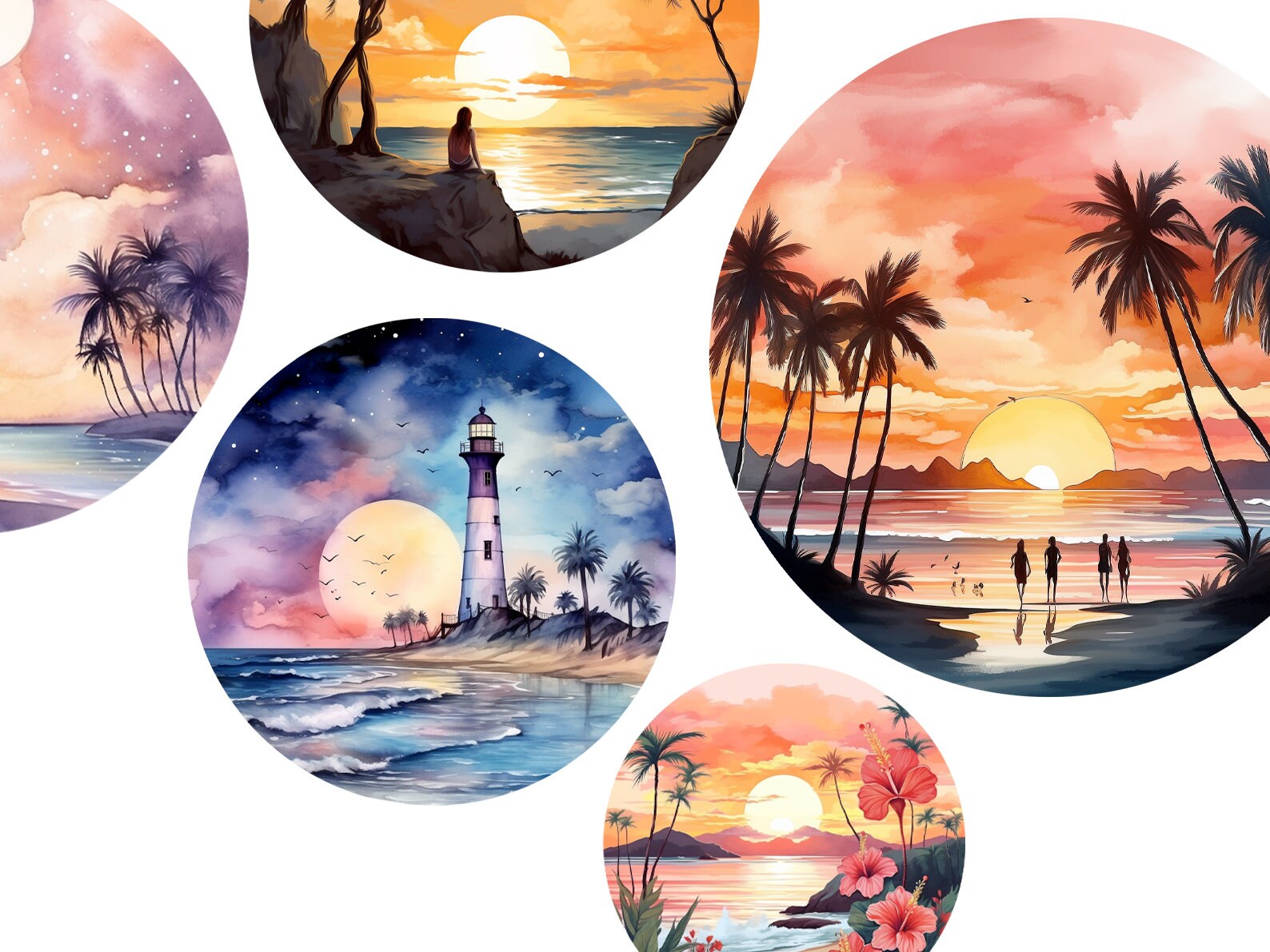 Watercolor Hawaii Clipart Tropical Beach PNG Files Island Waves Summer ...