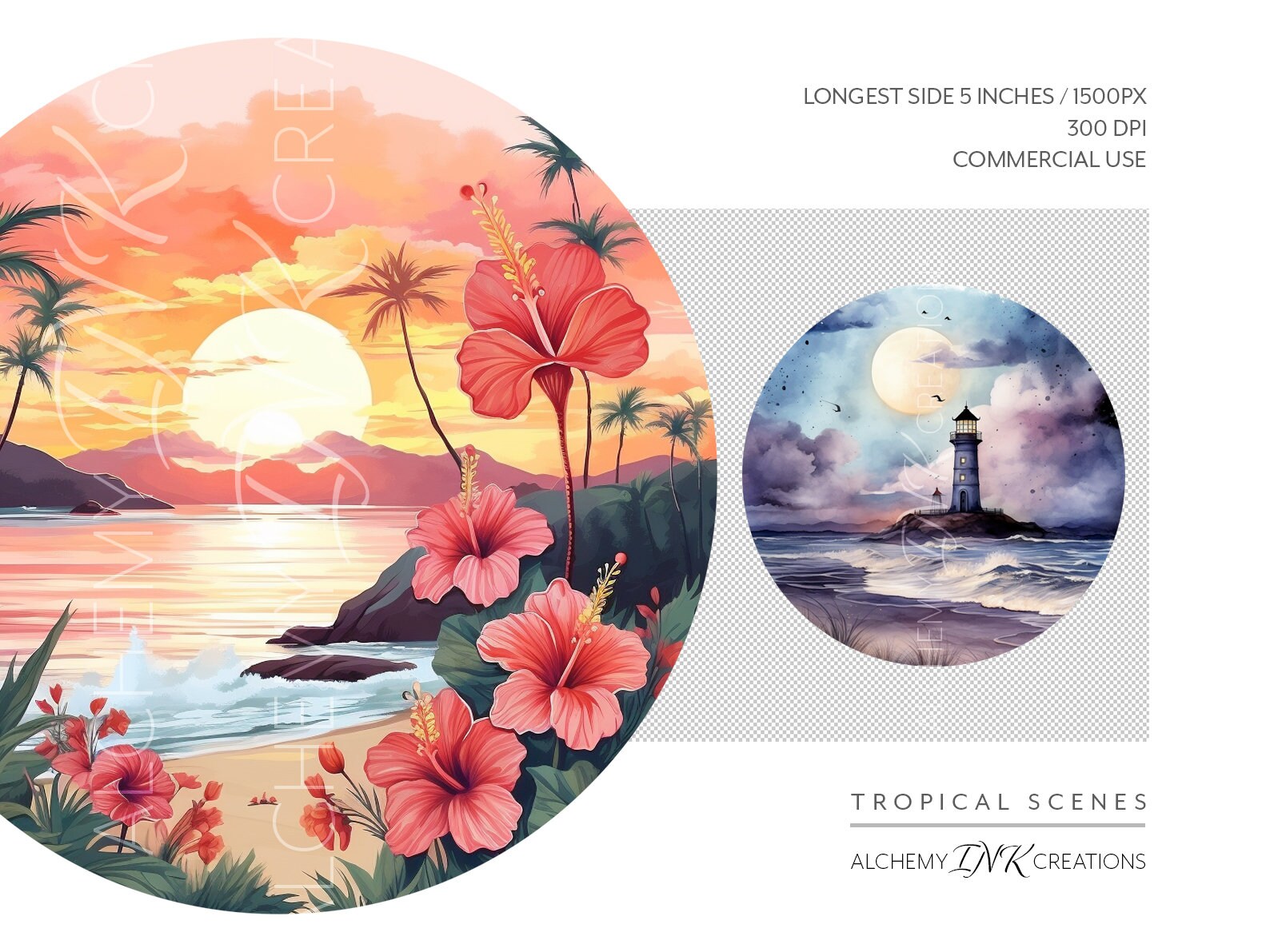 Watercolor Hawaii Clipart Tropical Beach PNG Files Island Waves Summer ...