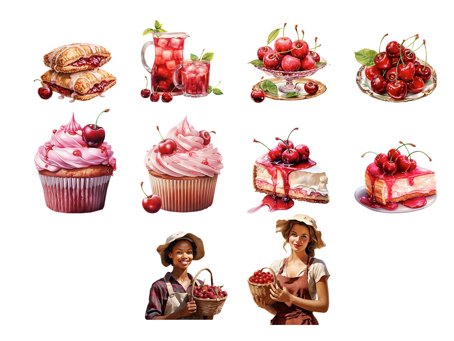 Watercolor Cherry Clipart Fruit Dessert Pie Waffles PNG, Printable File ...