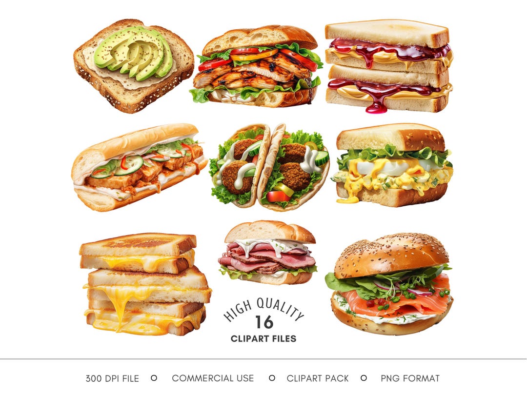 Sandwich Clipart - Breakfast & Brunch PNG, Watercolor Food for Planner ...