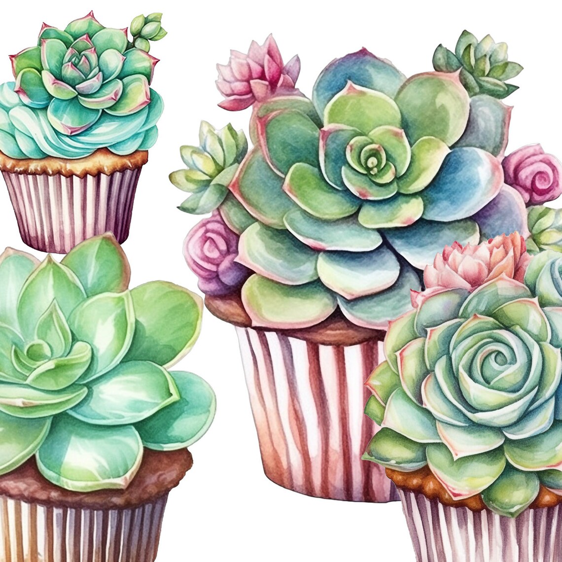 Watercolor Succulent Cupcake Clipart, Watercolor Muffin Clipart ...