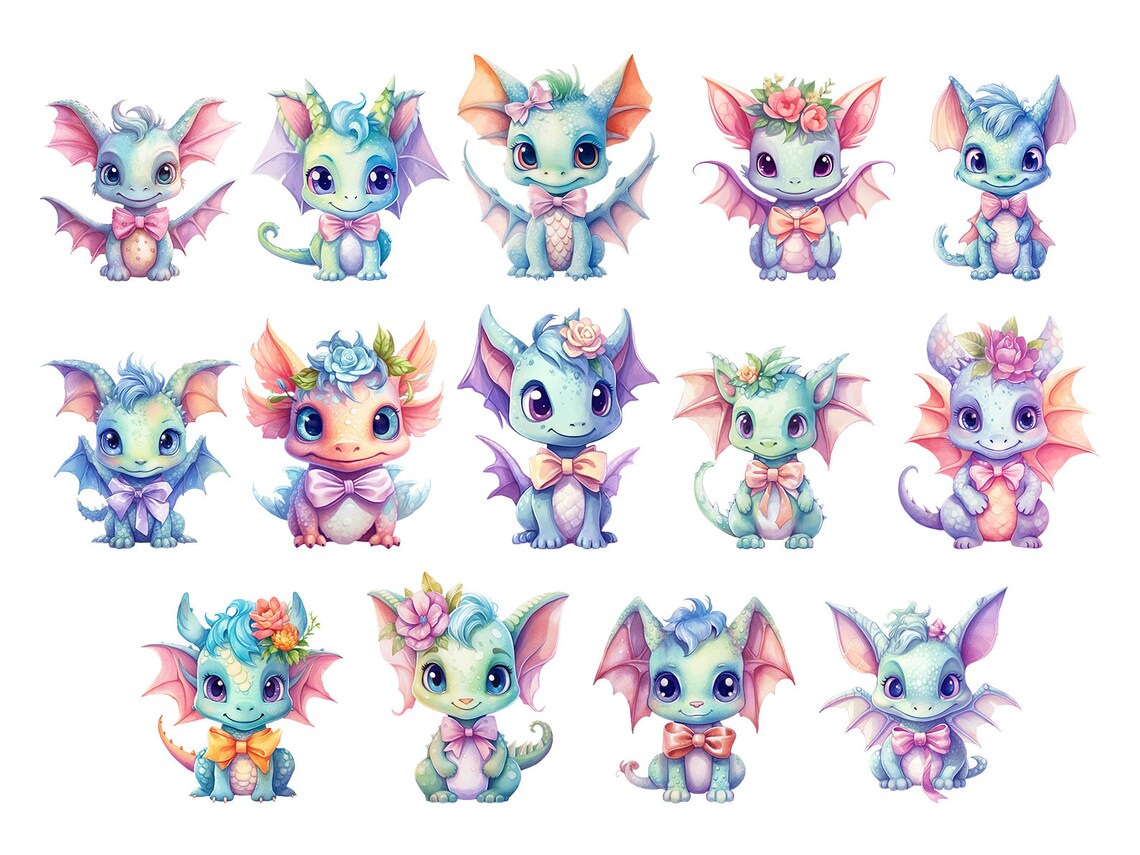Watercolor Pastel Dragon Clipart Fantasy PNG Instant - Etsy