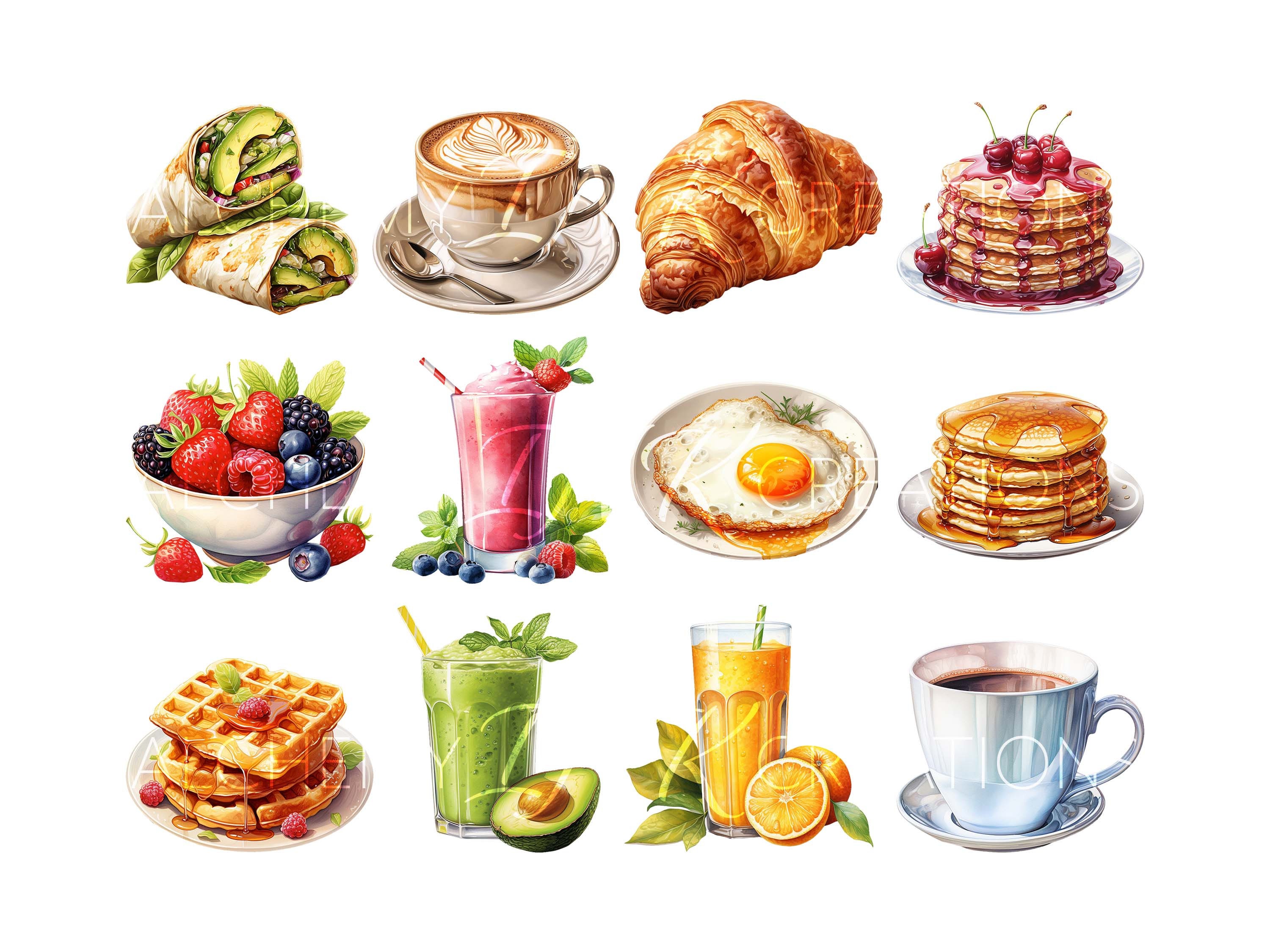 Watercolor Breakfast Clipart Bundle - Breakfast PNG Food Illustration ...